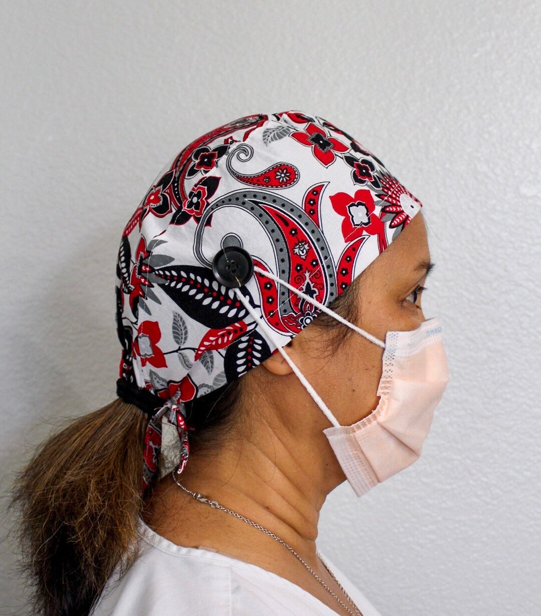 Tie-back Scrub Cap With Buttons to Hold Masks, Ponytail Opening for ...