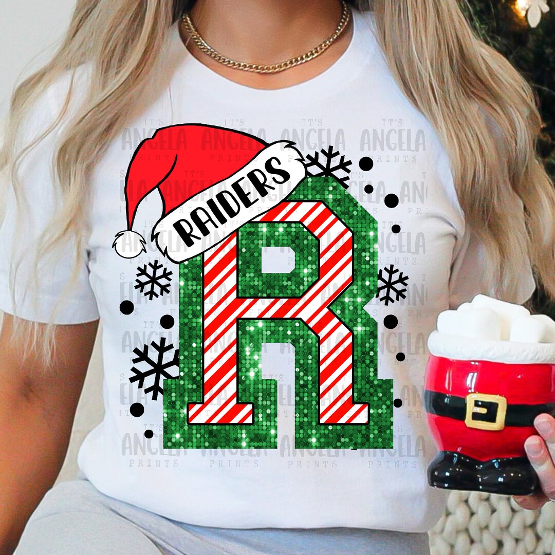 Raiders R Merry Christmas Santa Holiday Green Red Glitter Candy Cane ...