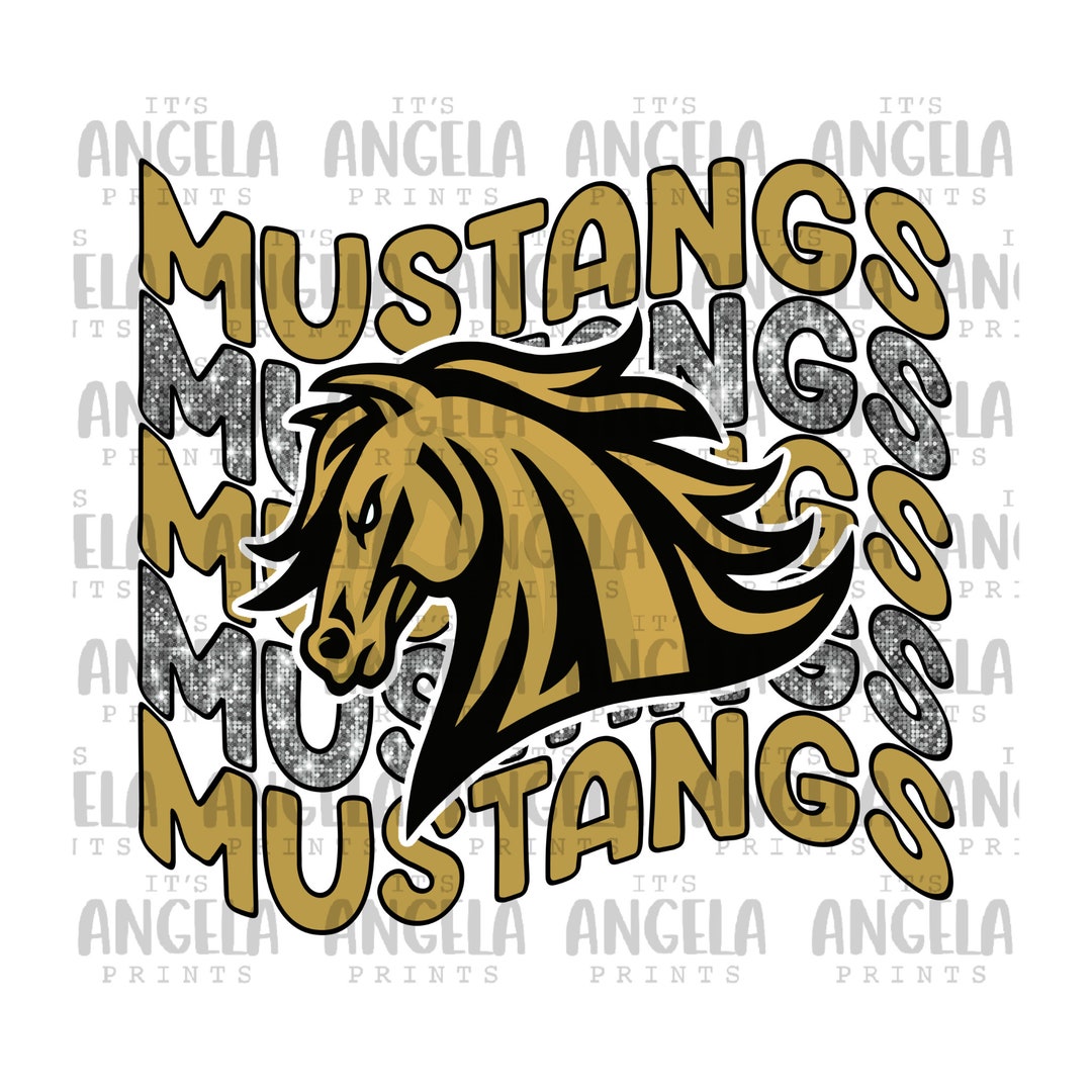 Mustangs Gold Retro Wavy Groovy School Spirit Mascot Team Mom Pride Football Volleyball Cheer ...