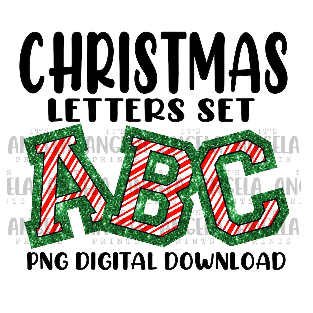 Christmas Alphabet Letters Set With Numbers Symbols Candy Cane Glitter ...