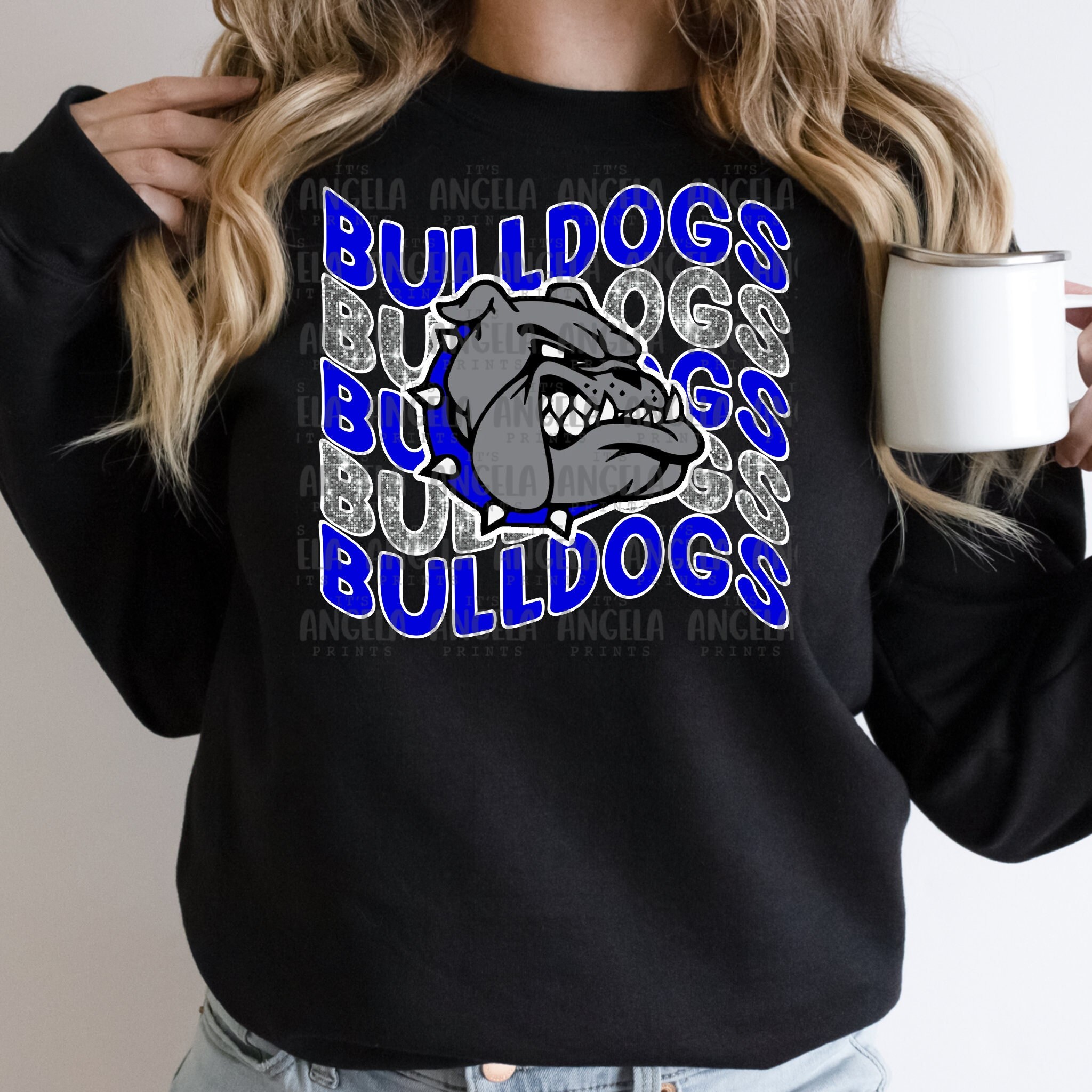 Bulldogs Blue W White Outline Retro Wavy Groovy School Spirit Team Mom ...