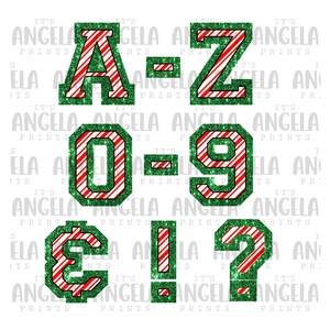 Christmas Alphabet Letters Set With Numbers Symbols Candy Cane Glitter ...
