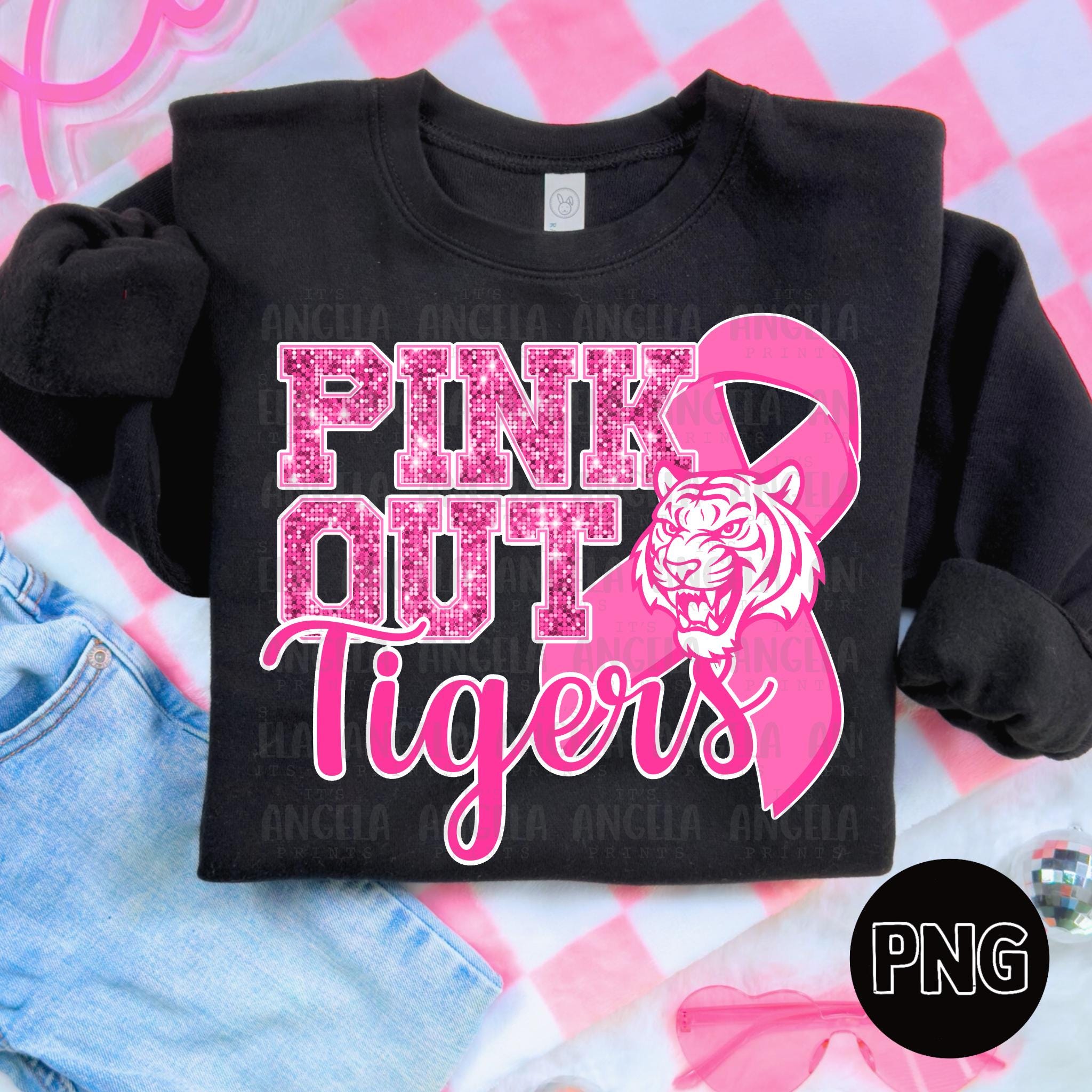 PNG Tigers Pink Out Breast Cancer Awareness Faux Glitter Sequin Bling ...