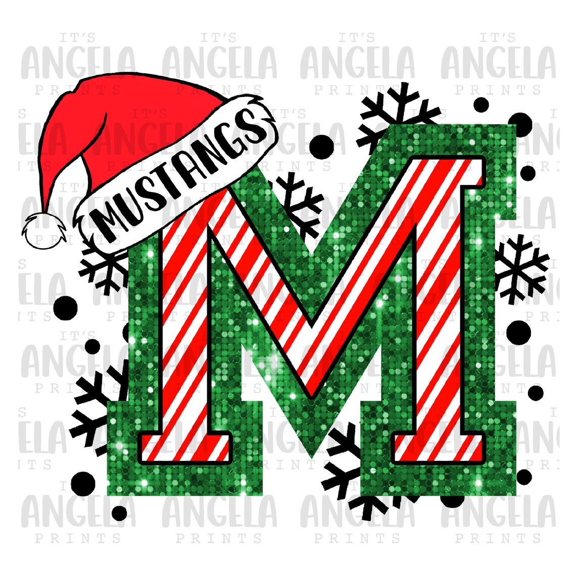 Mustangs M Merry Christmas Santa Holiday Green Red Glitter Candy Cane ...
