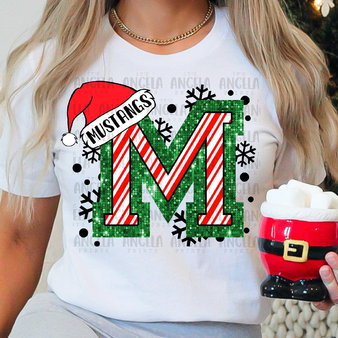 Mustangs M Merry Christmas Santa Holiday Green Red Glitter Candy Cane ...