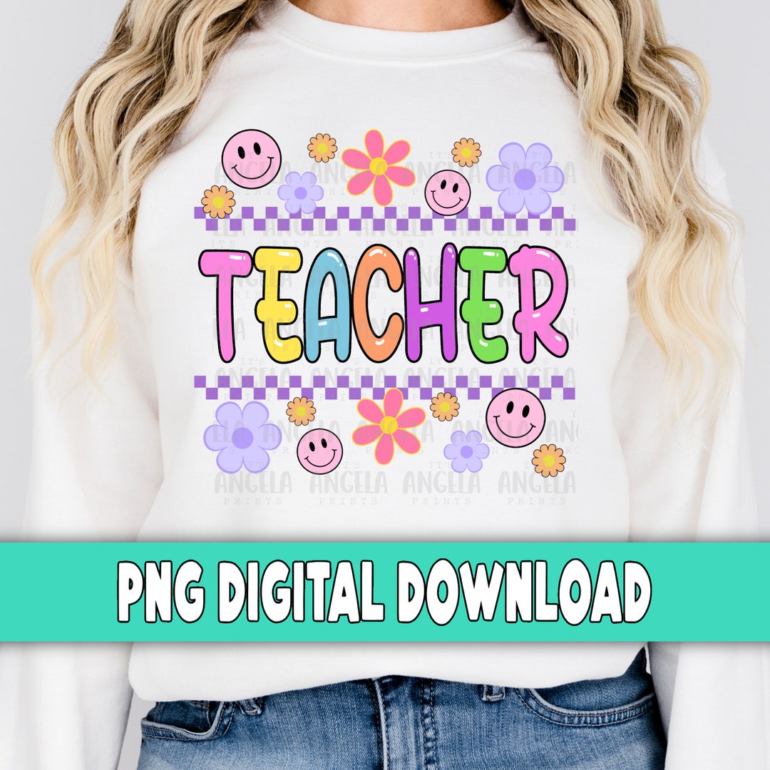 PNG Teacher Back to School Retro Checkered Smiley Preppy Groovy Pastel ...