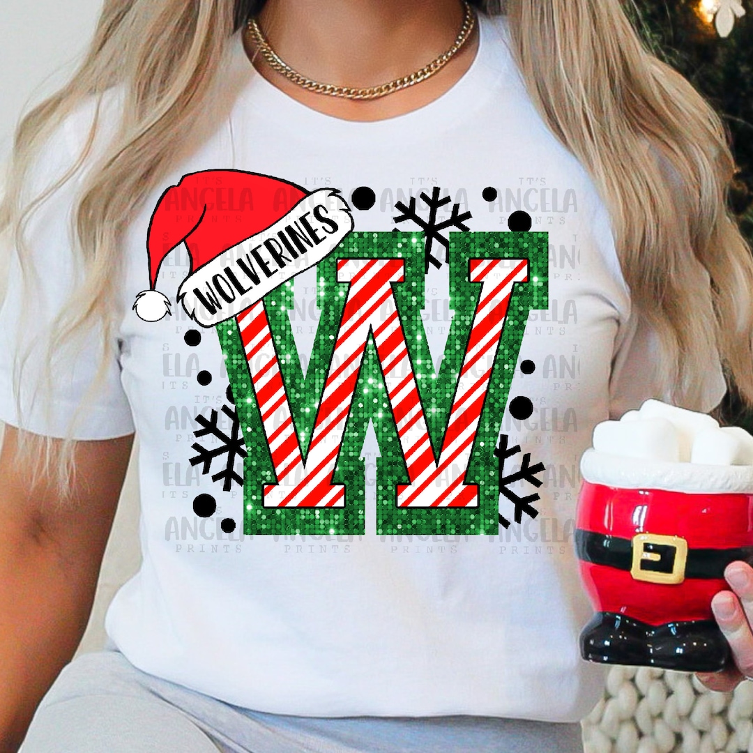 Wolverines W Merry Christmas Santa Holiday Green Red Glitter Candy Cane ...