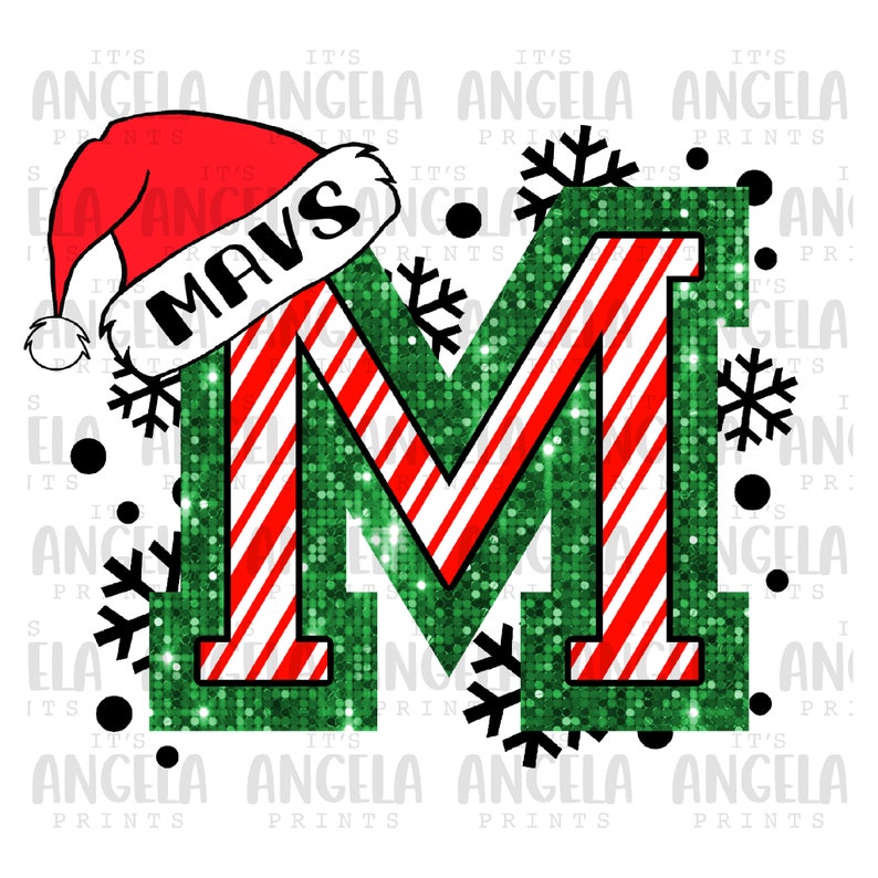 Mavs M Merry Christmas Santa Holiday Green Red Glitter Candy Cane ...