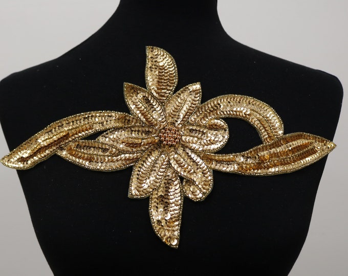 Gold Sequin Sew-on Flower Bodice Applique, Bridal Collar Neckline ...