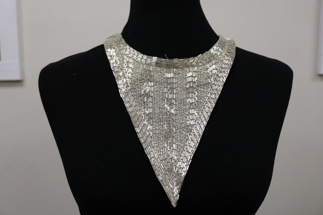 Vintage Clear Beaded Sew-on Collar, Bridal Collar Neckline Applique Bib ...