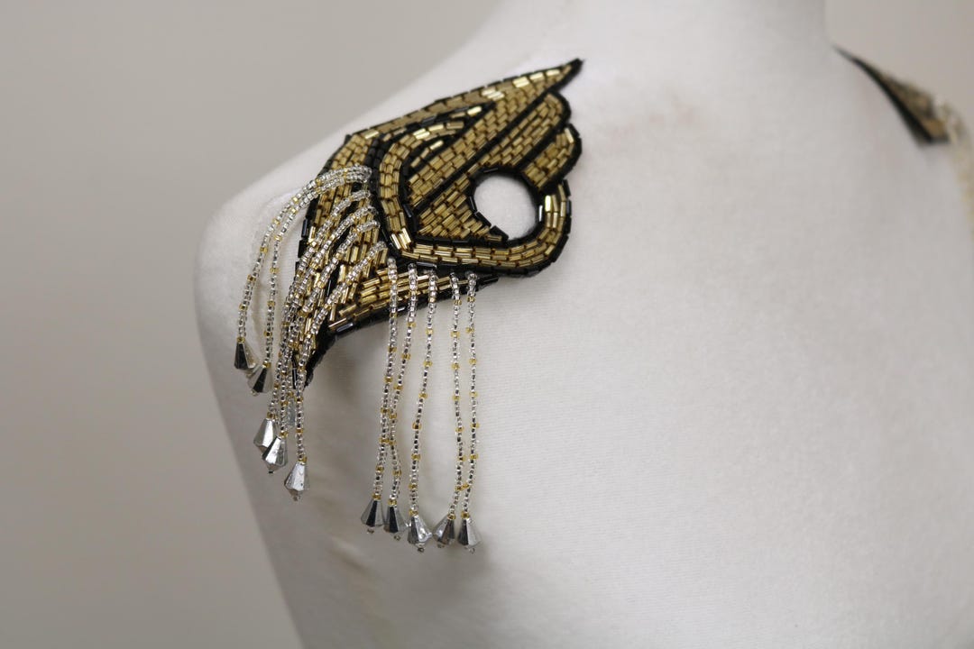 Beaded Fringes Epaulet Applique, Beaded Epaulet, Black Gold Epaulet ...
