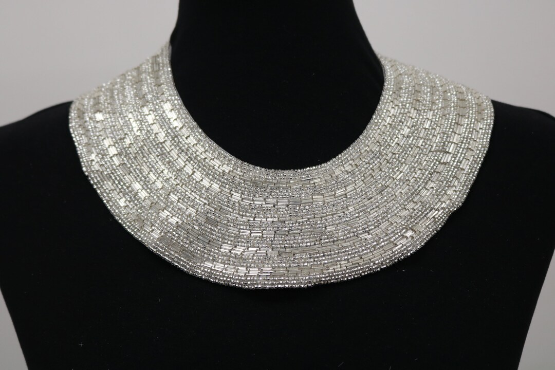 Vintage Clear Beaded Sew-on Collar, Bridal Collar Neckline Applique Bib ...
