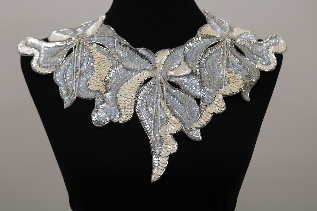 Ivory Iridescent Sequin Beaded Sew-on Collar, Bridal Collar Neckline ...