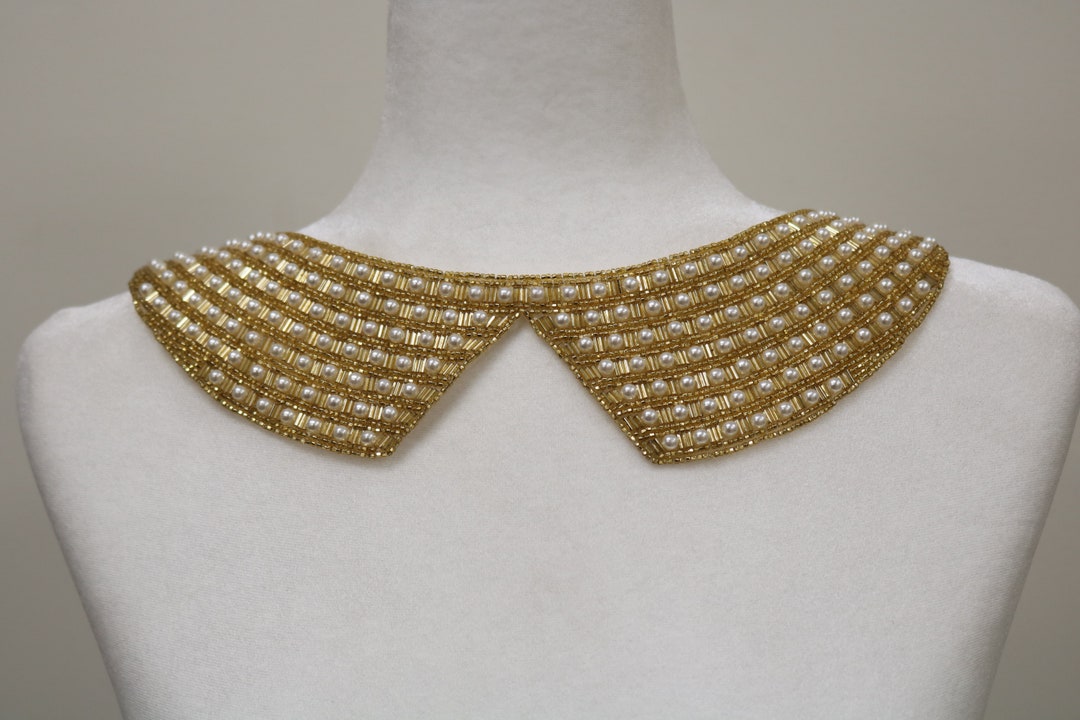 Gold Pearl Beaded Sew on Collar, Design Collar Applique Bib, Gold ...