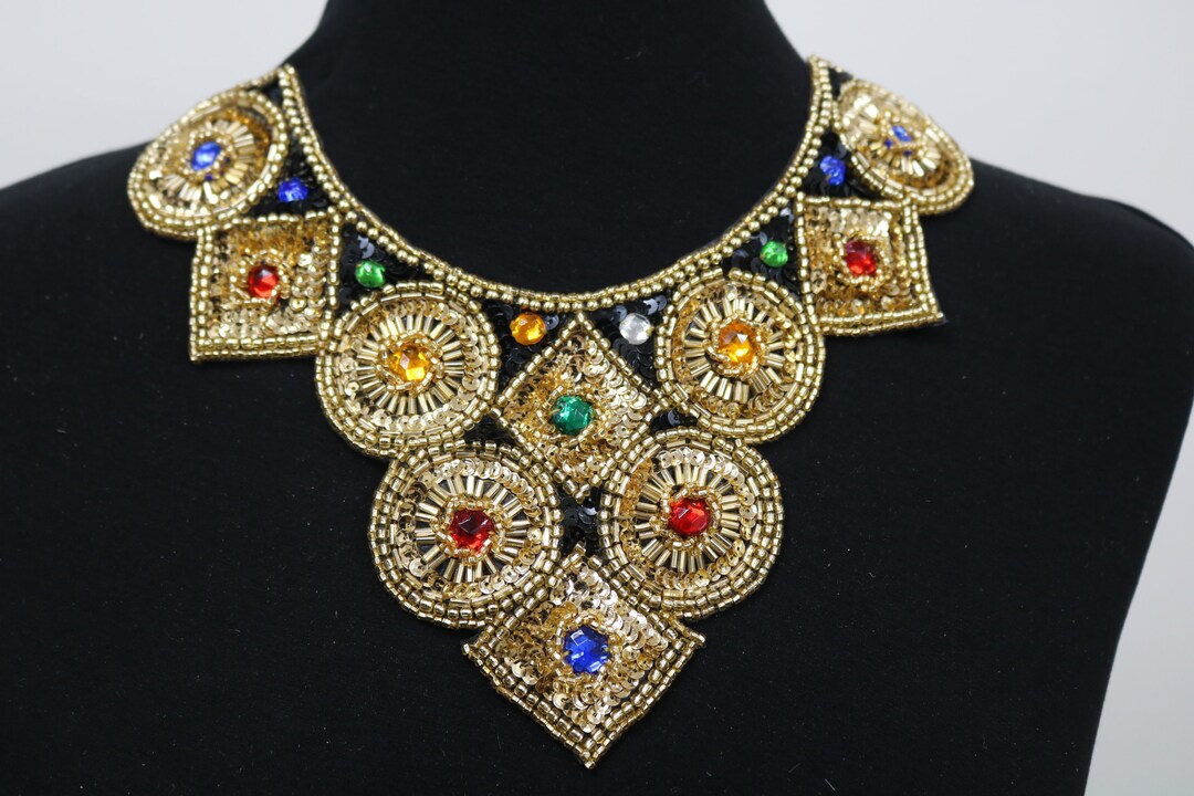 Gold Multicolor Sequin Beaded Rhinestone Sew-on Collar, Collar Applique ...