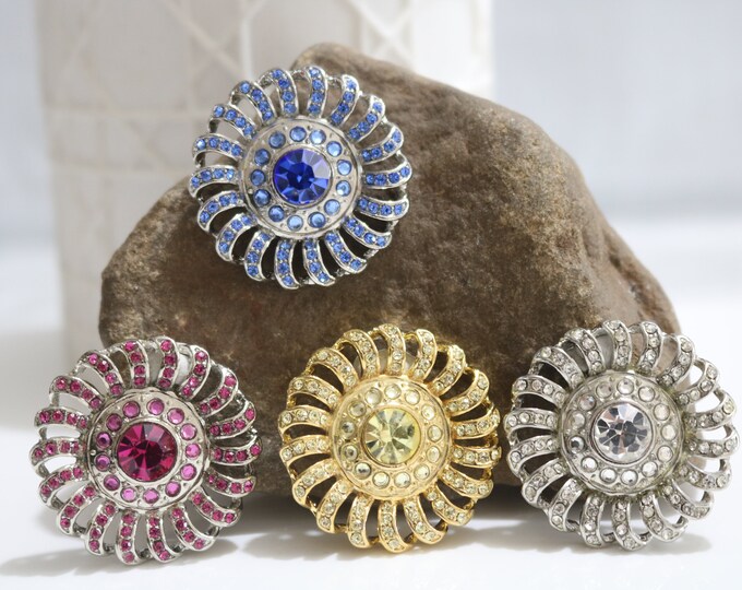 Vintage Czech Gold Pink Blue Rhinestone Metal Button , Flower Gold ...
