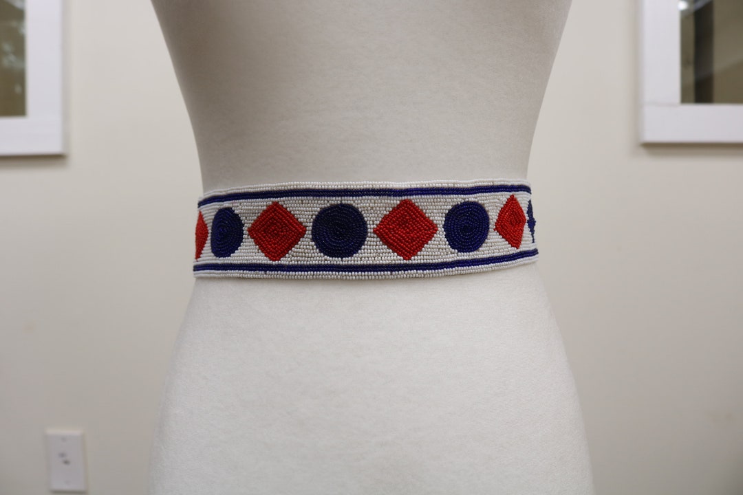 Red White Blue Vintage Seed Beaded Bridal Belt, Wide Red Bridal Belt ...