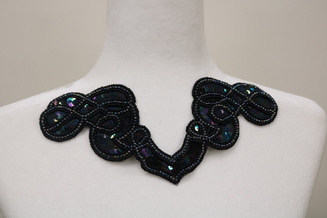 Black Sequin Beaded Sew on Applique , Sequin Collar Bib, Beaded Collar ...