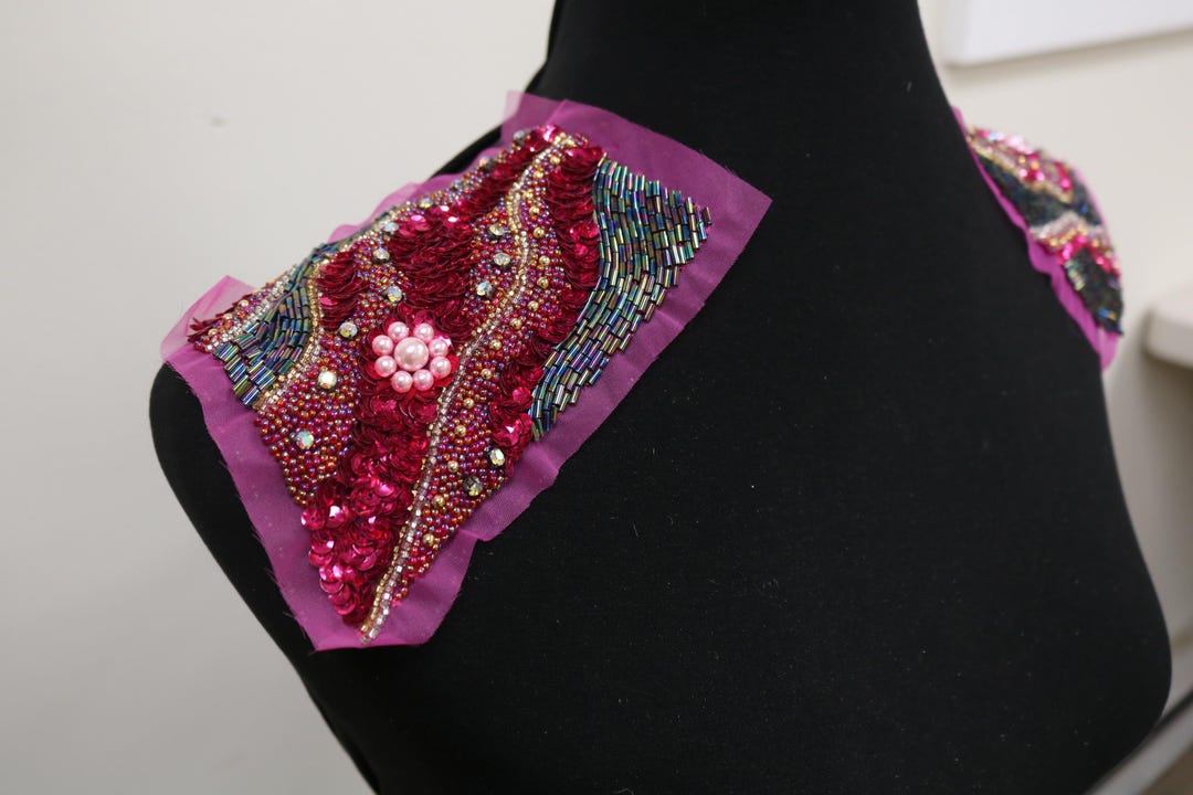 Beaded Epaulet Applique, Beaded Embroidered Sequin Epaulet, Pink ...