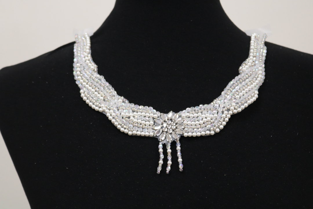 Cream Pearl Beaded Sew-on Collar, Bridal Collar Neckline Applique Bib ...