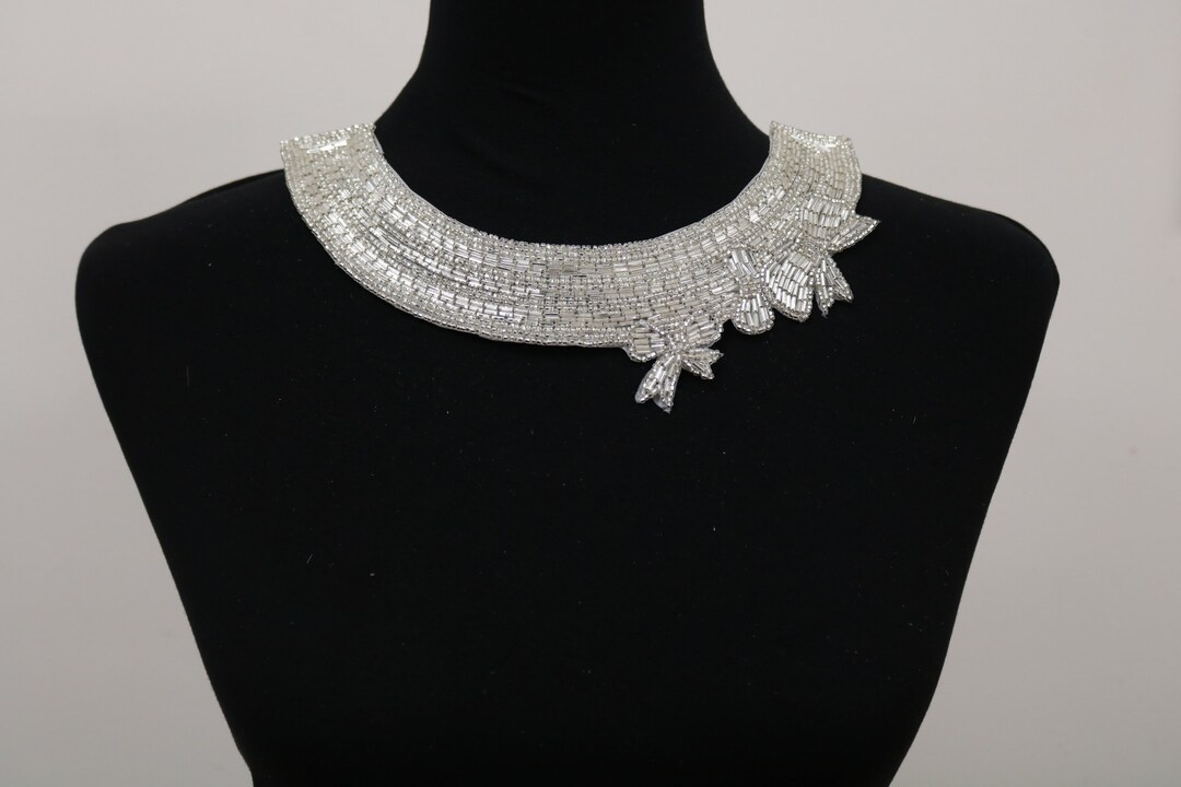 Vintage Silver Beaded Bow Design Sew-on Collar, Bridal Collar Neckline ...