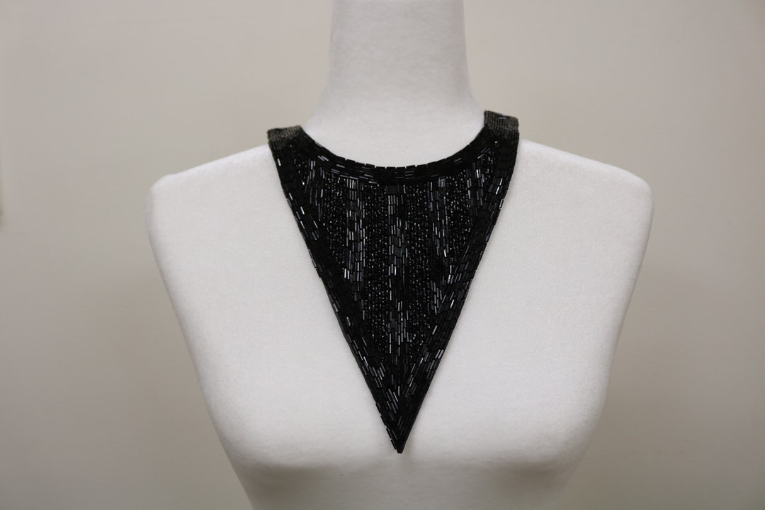 Black Beaded Sew on Collar, Triangle Collar Bib, Beaded Collar Necklace ...