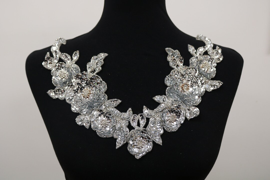 Silver Sequin Sew-on Collar, Bridal Collar Neckline Bodice Applique ...
