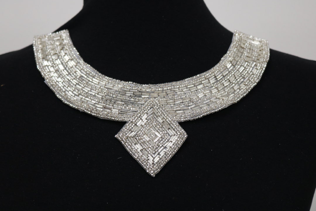 Vintage Clear Beaded Sew-on Collar, Bridal Collar Neckline Applique Bib ...