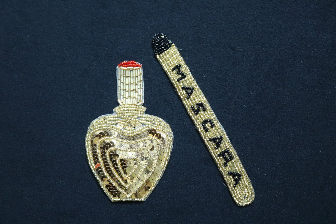 Mascara Perfume Applique Patch, Gold Perfume Beaded Sequin Applique ...
