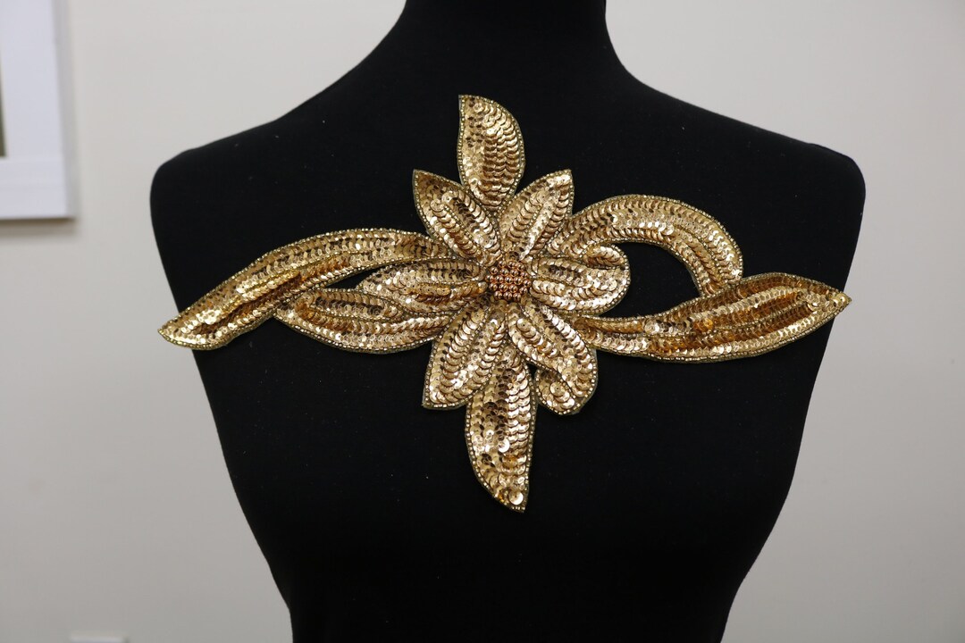 Gold Sequin Sew-on Flower Bodice Applique, Bridal Collar Neckline ...