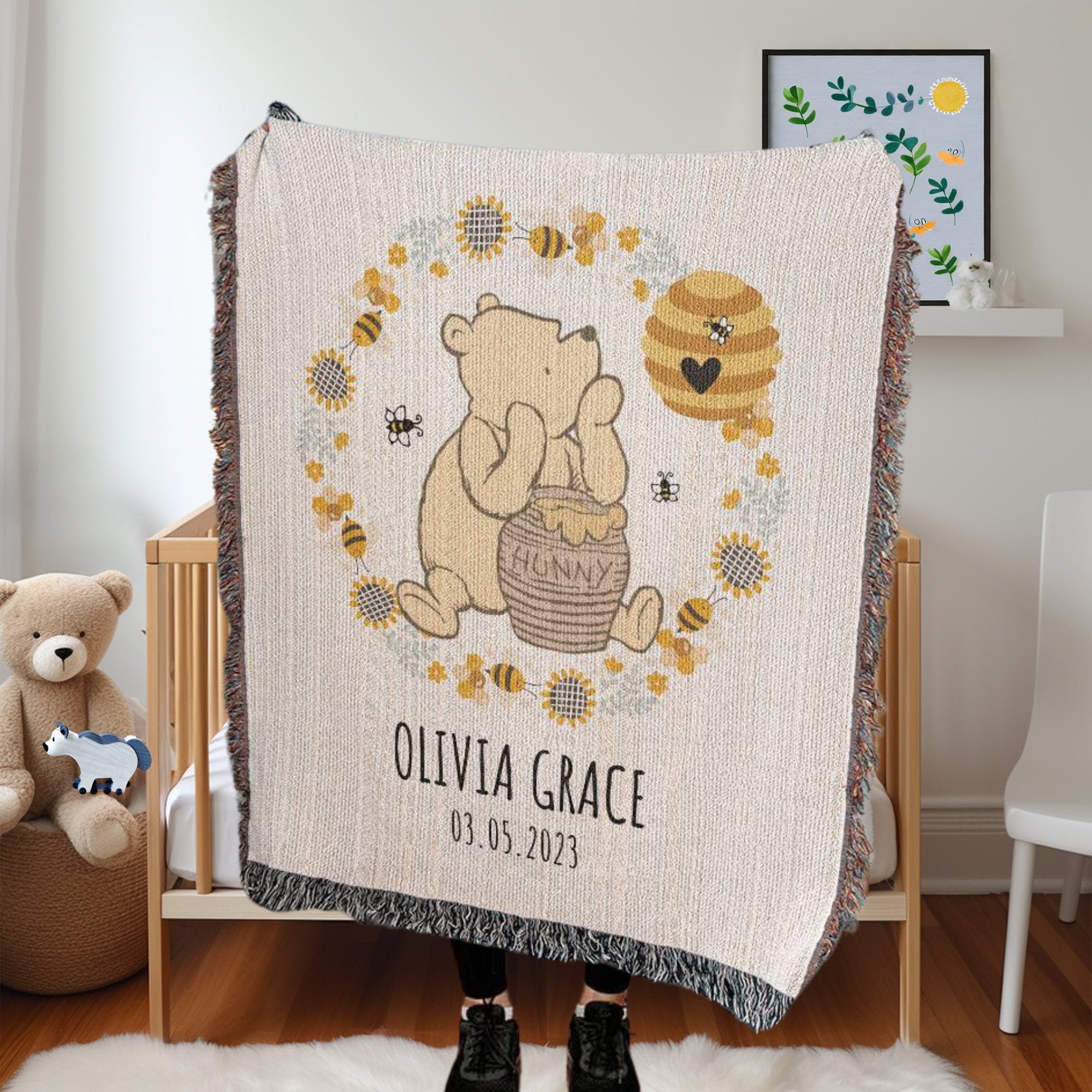 Custom Winnie the Pooh Woven Baby Blanket, Pooh Bear Baby Shower Gift ...