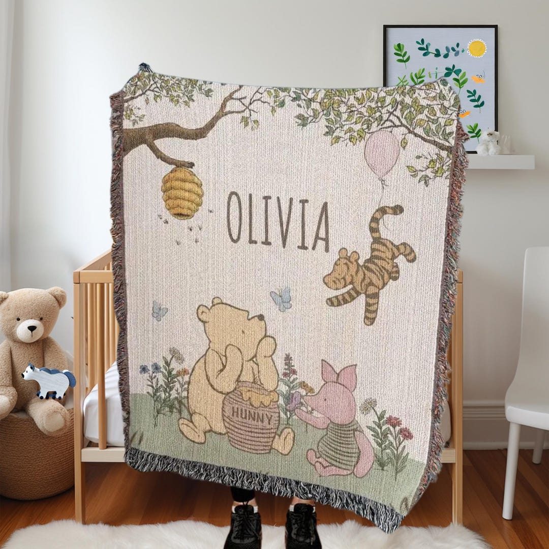 Custom Winnie the Pooh Woven Baby Blanket, Pooh Bear Baby Shower Gift ...