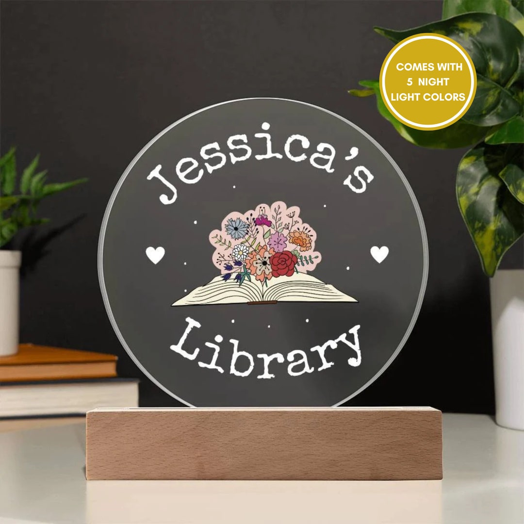 Name Library Sign Night Light, Bookshelf Sign Bookish Bookworm Gift ...