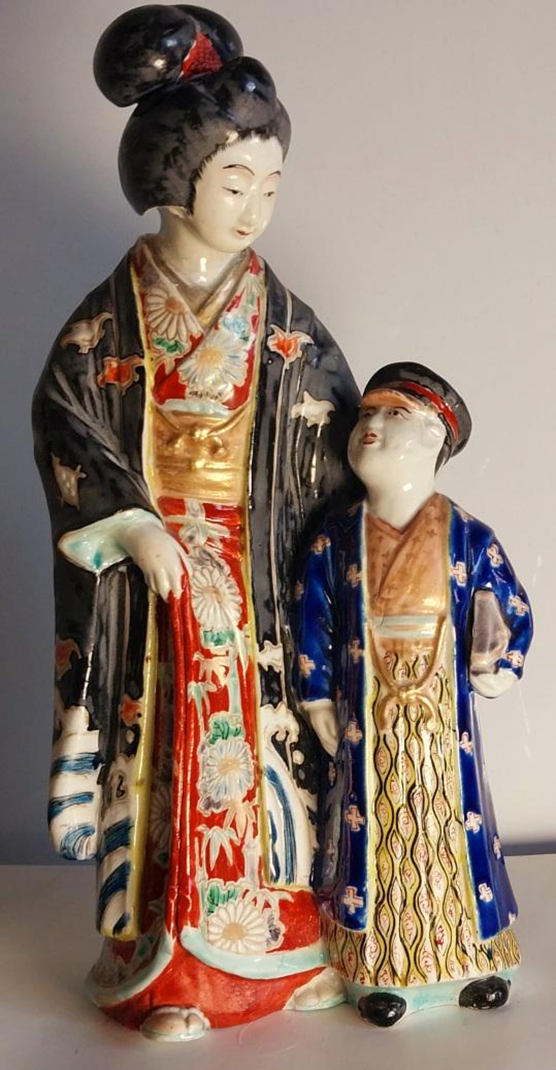 Vintage Japanese Mother and Child Geisha 10.5" Hand Painted Porcelain ...