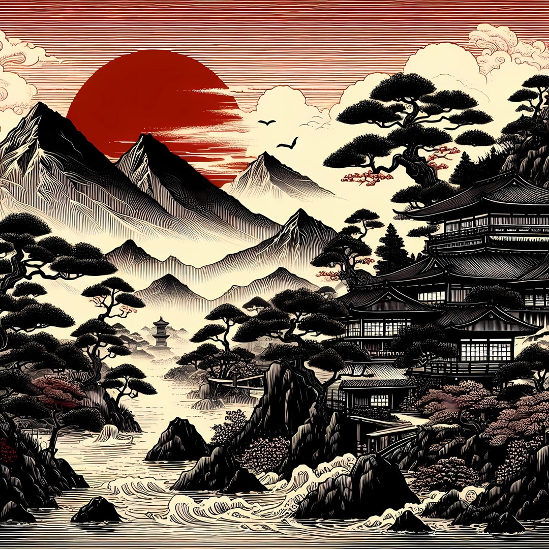 Japanese Sunrise Landscape Art Print - Traditional Japanese Woodblock ...