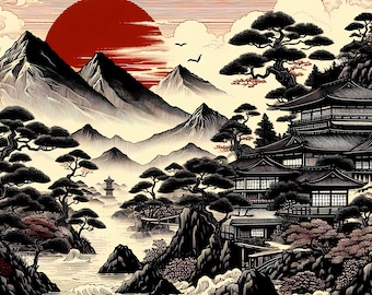 Ukiyo-e Japanese Landscape Art Print | Mountain and Rising Sun ...
