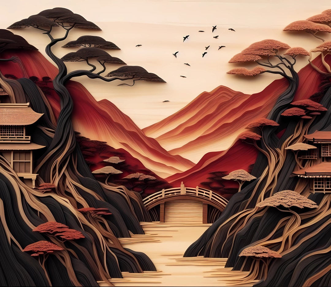 Abstract Japanese Landscape, Stunning Wooden Home and Office Deco Art ...