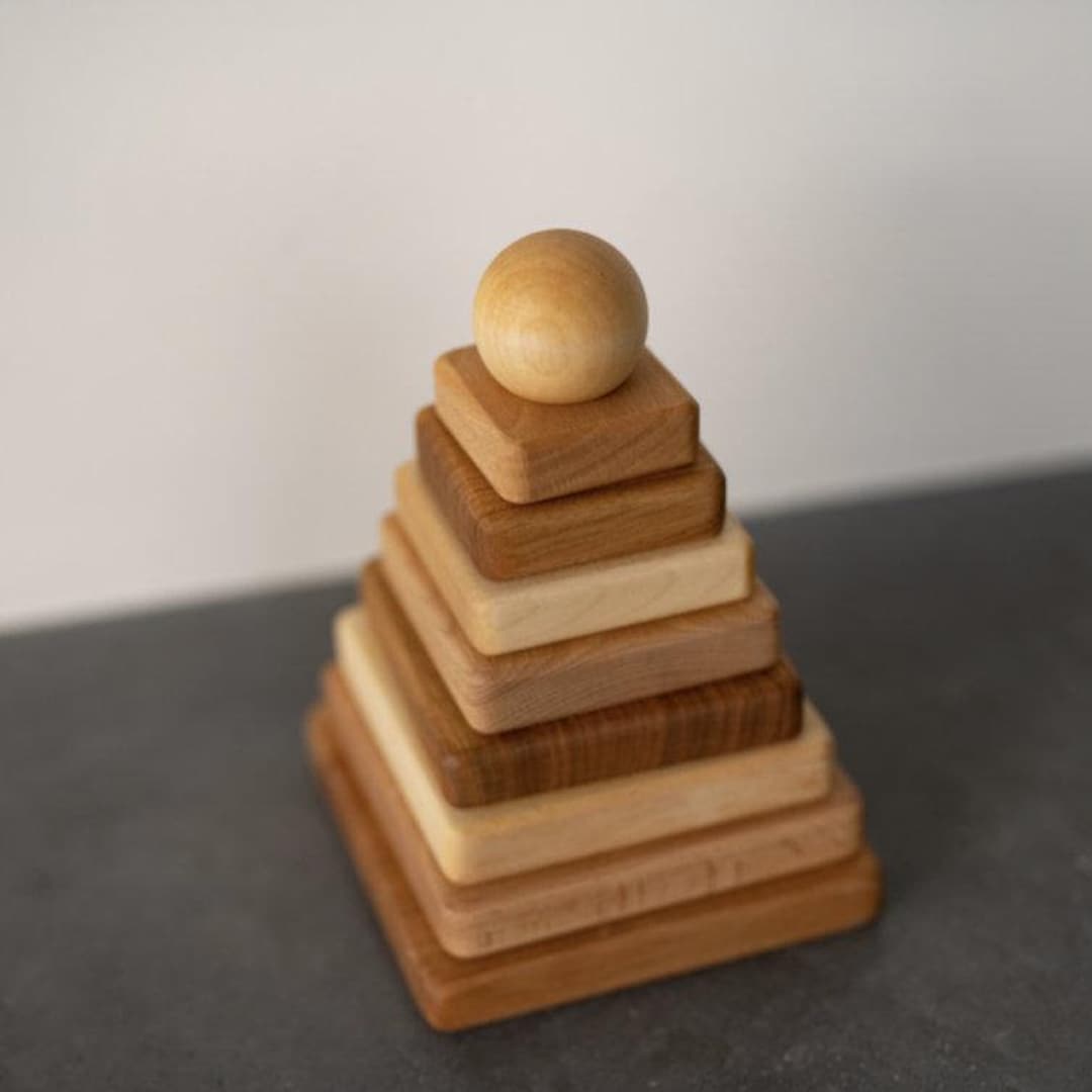 Wooden Montessori Pyramid Toy Square Natural Pyramid Set, Toddler ...