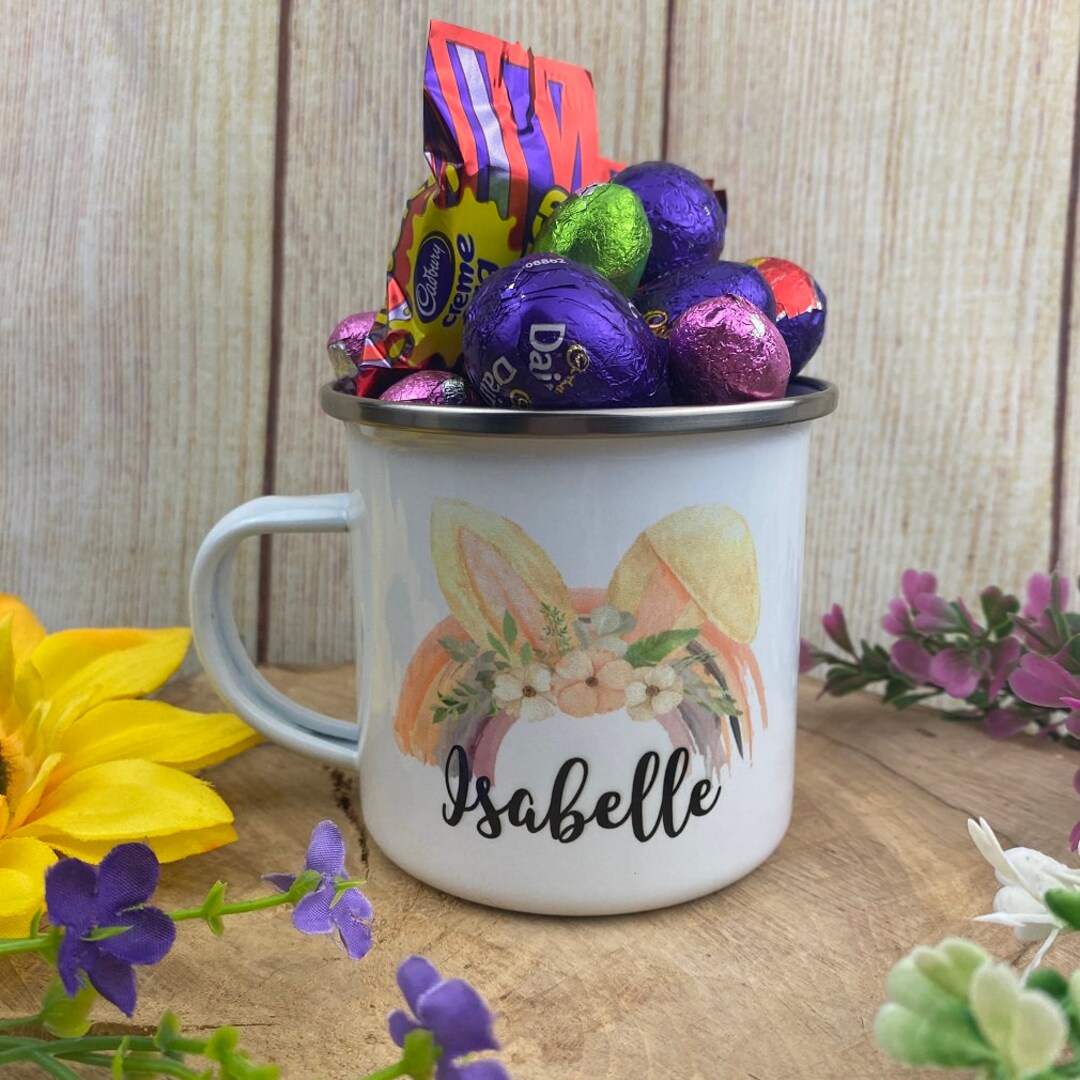 Personalised Easter Enamel Mug, Easter Egg Rainbow Mug Easter Gift ...