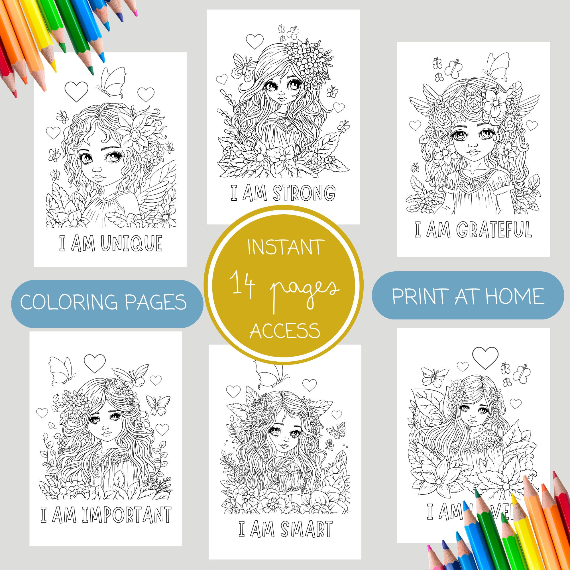 Girl Coloring Pages PDF With Affirmations, Digital Download, Printables ...