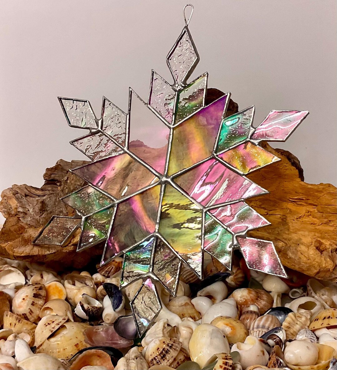 Stained Glass Snowflake Suncatcher • Handcrafted • Iridescent Christmas ...