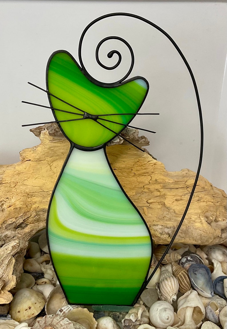Stained Glass Cat Suncatcher • Handcrafted • Green Window Hanging • Pet ...