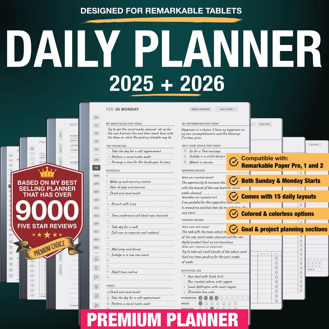 Premium Daily Planner Template for Remarkable Paper Planner 2025 2026 ...