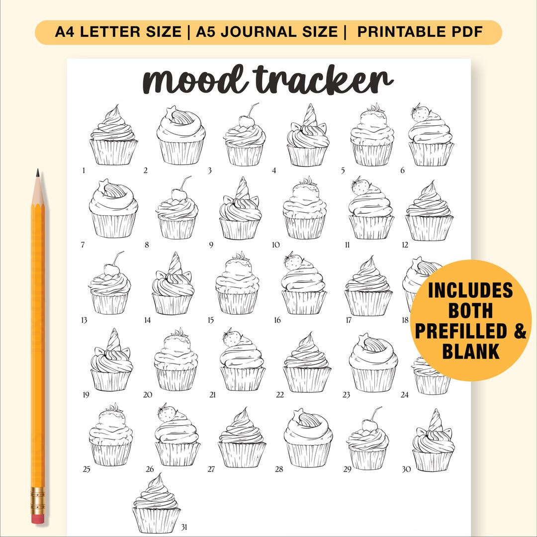 Cupcakes Mood Printable Tracker Monthly Journal Page Planner Page ...