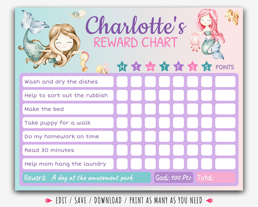 Cute Mermaid Reward Chart, Behavior Chart, Daily Chore Chart Printable ...