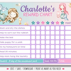 Cute Mermaid Reward Chart, Behavior Chart, Daily Chore Chart Printable ...