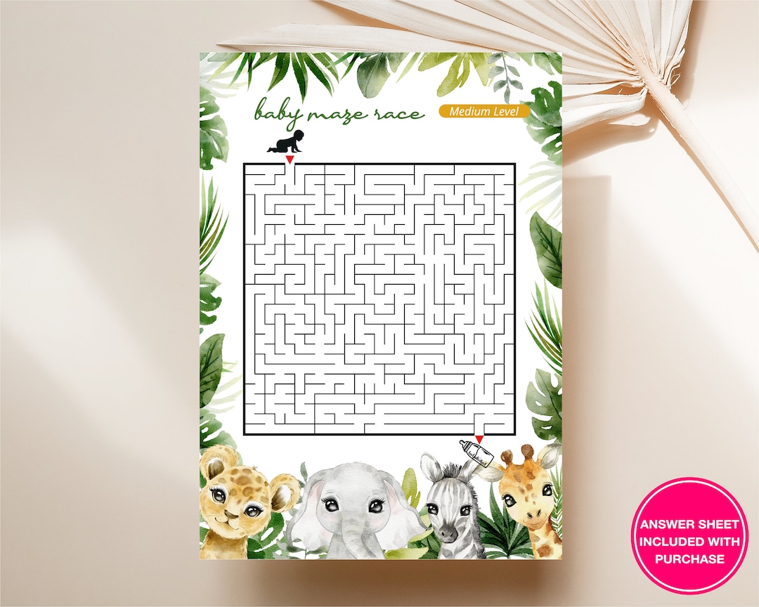 Baby Maze Puzzle, Jungle, Safari Animals, Baby Shower Game, Printable ...