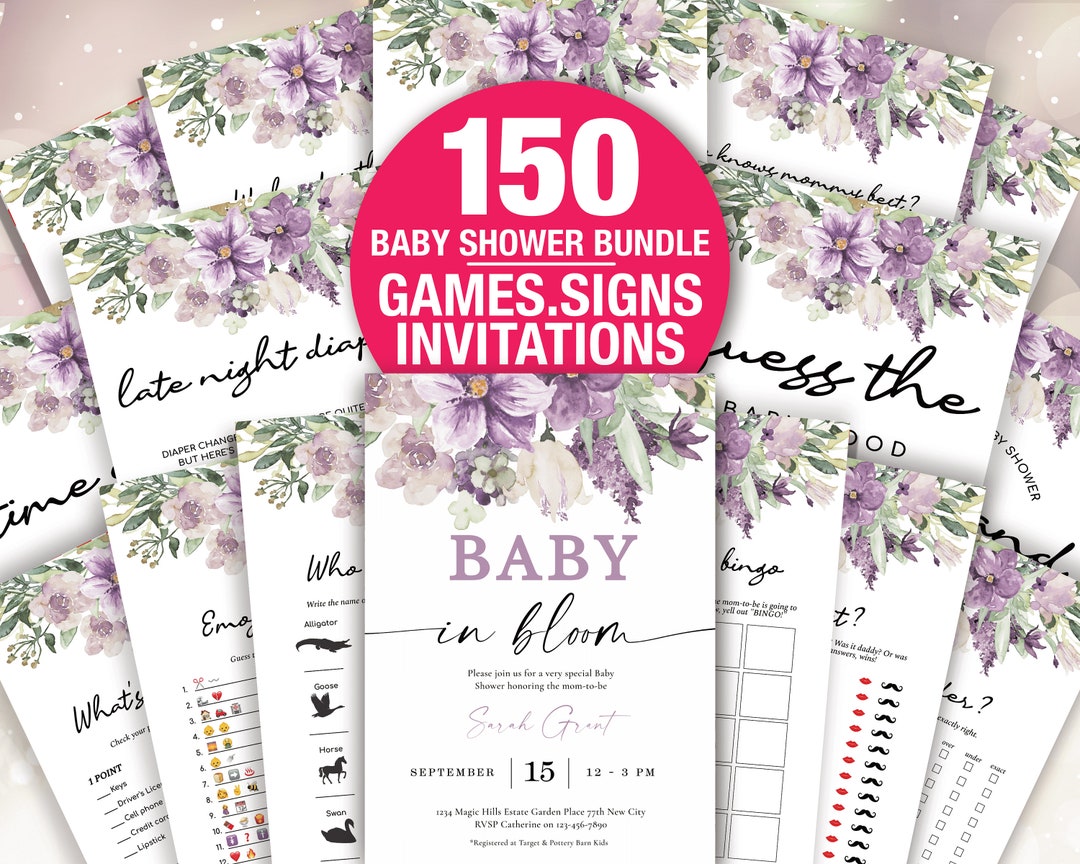 Purple Floral Lush Baby Shower Game Bundle, Oh Baby Tropical Baby ...