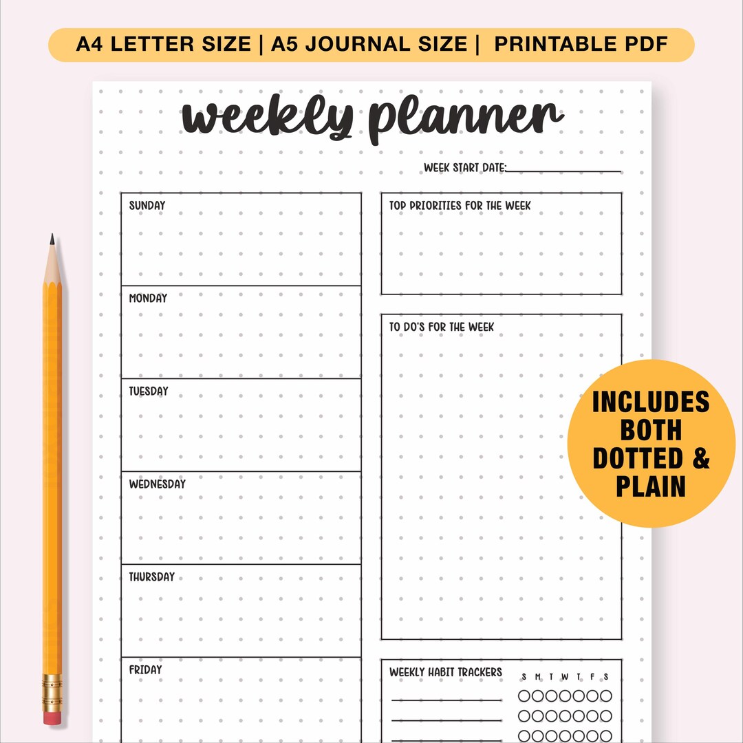 Printable Weekly Planner | Printable Weekly Task List PDF, A5, Half ...