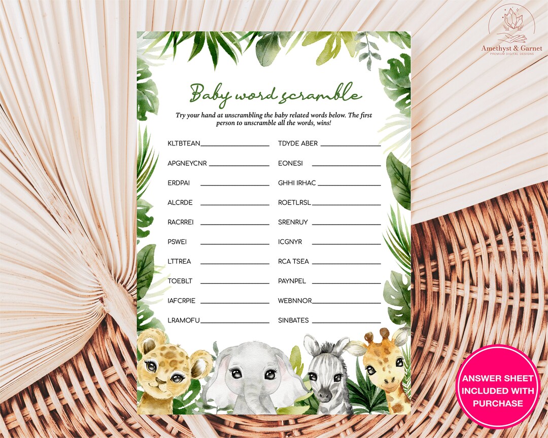 Baby Word Scramble, Jungle, Safari Animals, Baby Shower Game, Printable ...